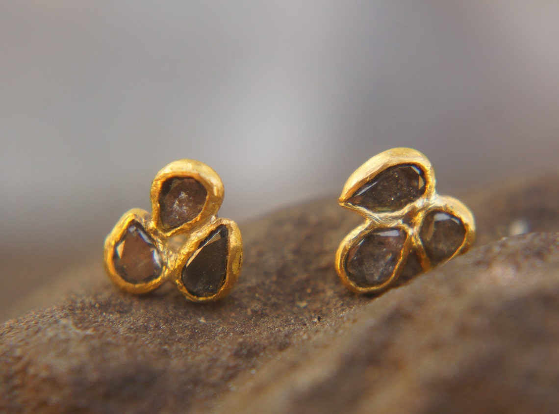 Solid 24k Gold//drop Diamond Studs//teardrop Diamond | Etsy