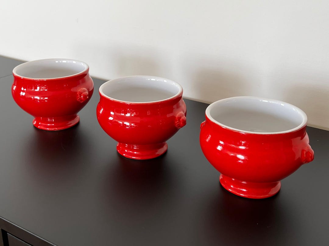 Three Vintage Red Bowls With Lions Head Handles and Footed Pedestal - Etsy