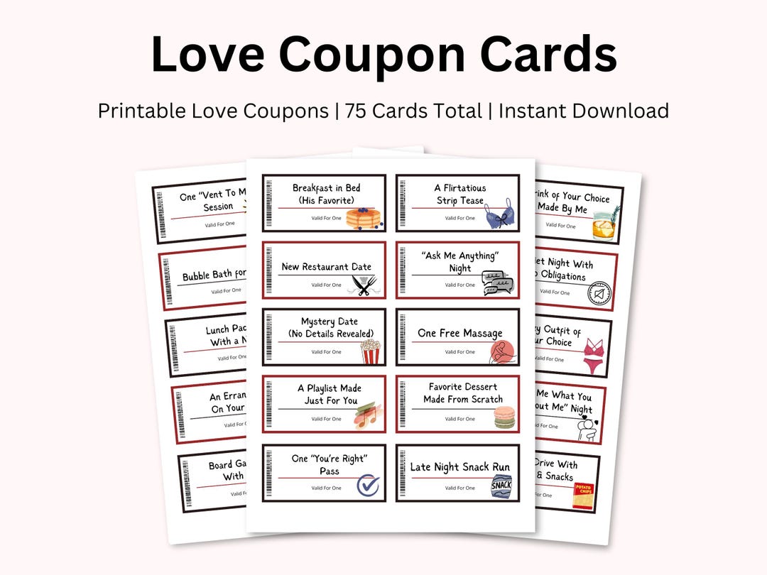75 Printable Love Coupon Cards for Him, Romantic & Fun Printable Love ...