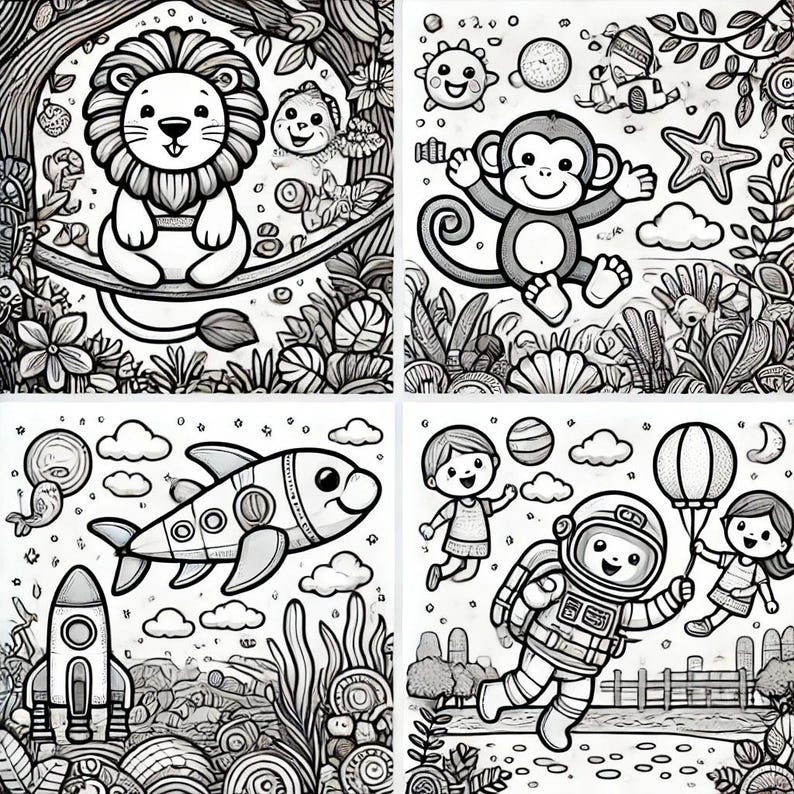 5 Fun Kids' Coloring Page Featuring a Cheerful Cartoon Jungle Scene - Etsy