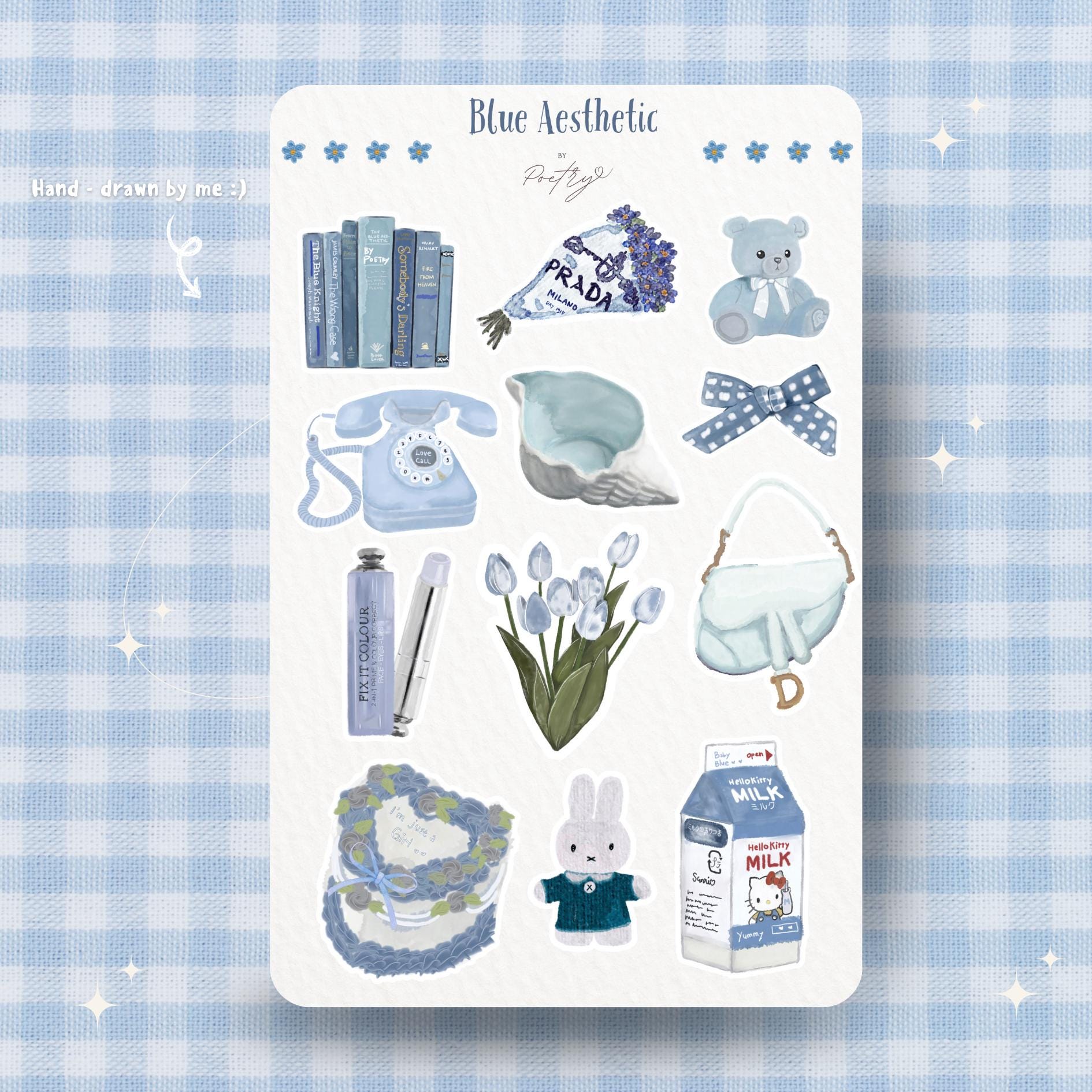 Blue Aesthetic Sticker Sheet | Pinterest Inspired Hand- Drawn Stickers ...