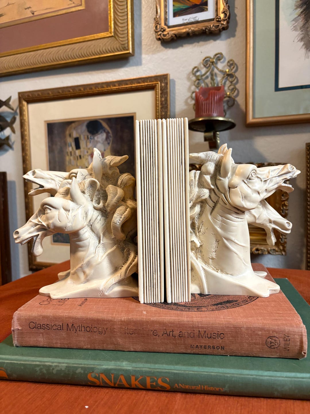 Vintage Wild Horse Head Bookends – Sculptural Pair in Faux Ivory Finish ...
