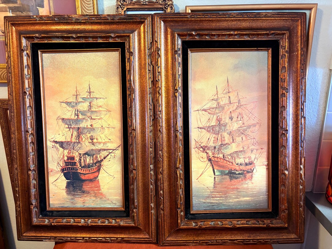 Pair of Vintage Nautical Ship Paintings – Tall Ship Art in Ornate Wood ...