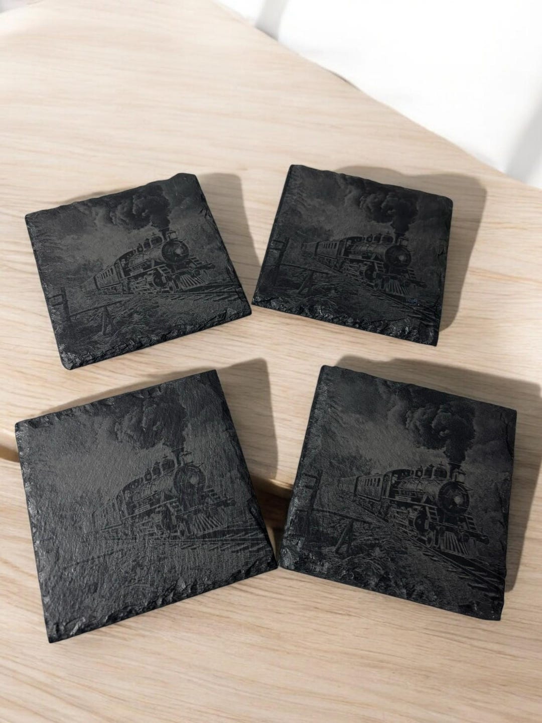Locomotive Coasters Set of 4 | 4" Square Slate Engraved Coasters for ...