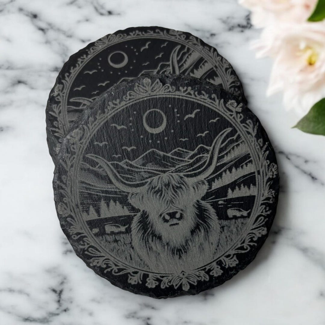 Highland Cow Coasters Set of 4 | 4" Round Slate Engraved Western Home ...