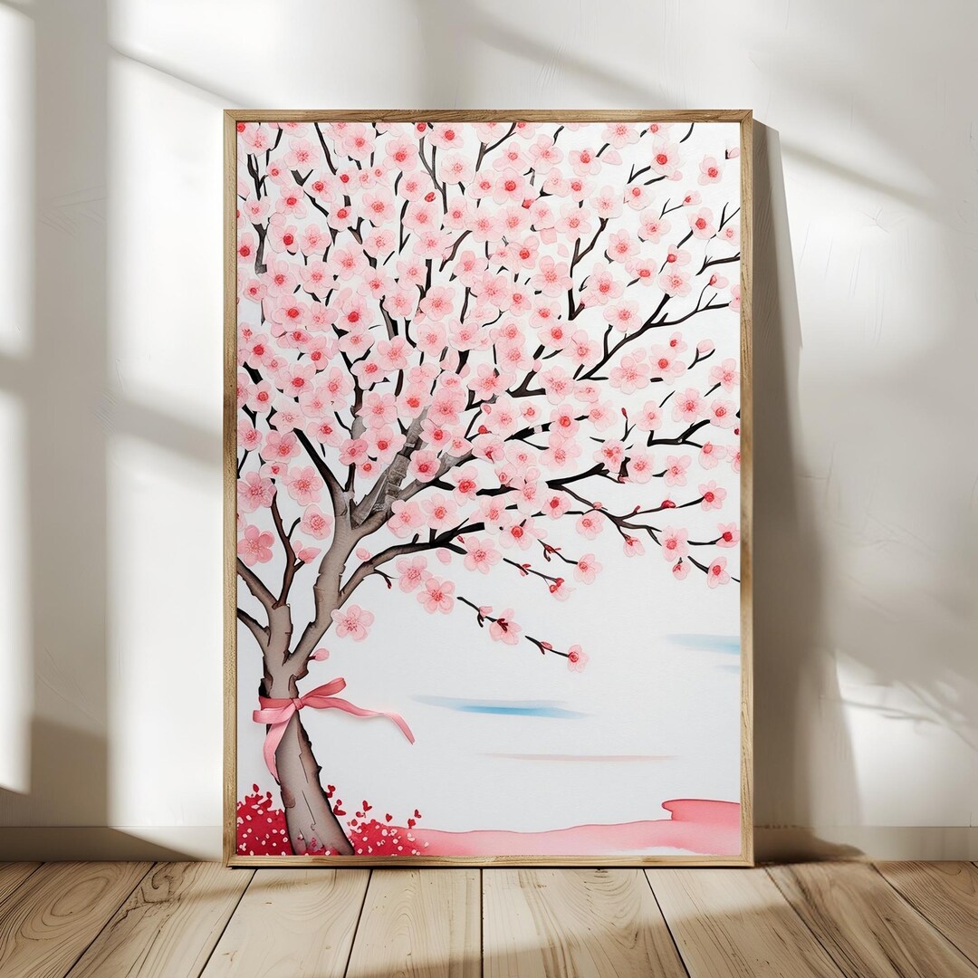 Japandi Cherry Blossom Wall Art: Pink Sakura Coquette Bow Print, Preppy ...