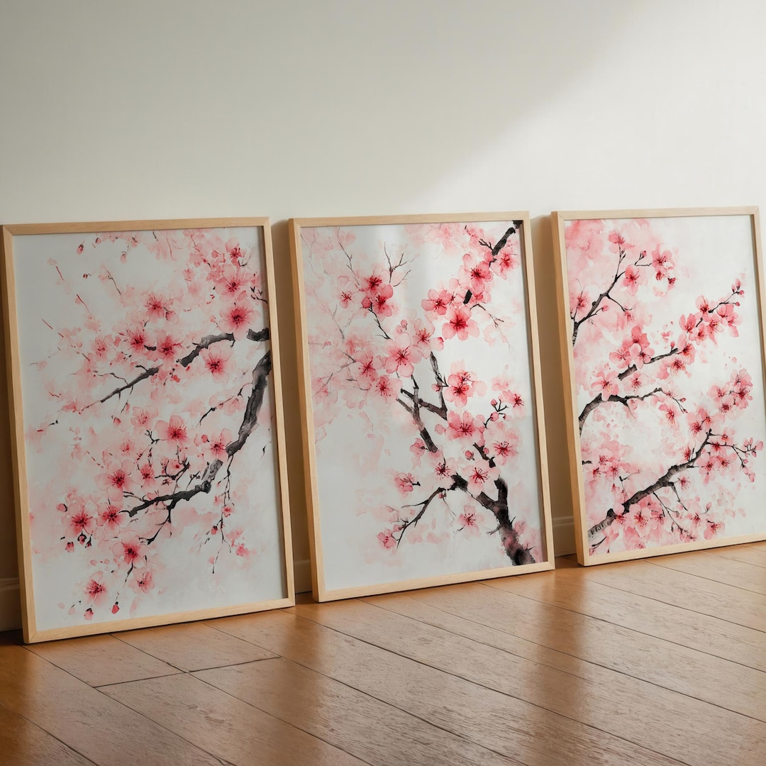 Set of 3 Cherry Blossom Painting, Japanese Sakura Art, Watercolor ...