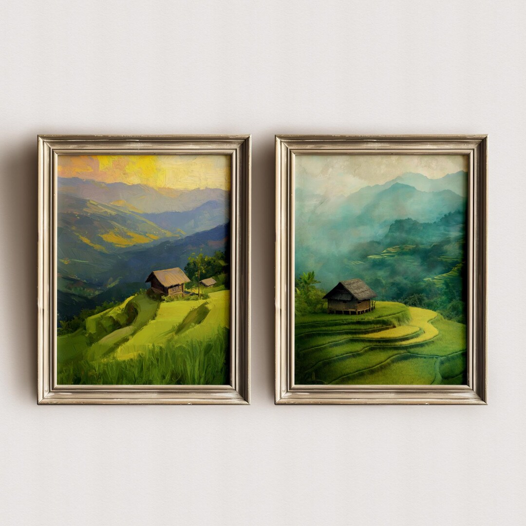 Cottagecore Landscape Wall Art Set, Mountain Cottage Countryside Prints ...