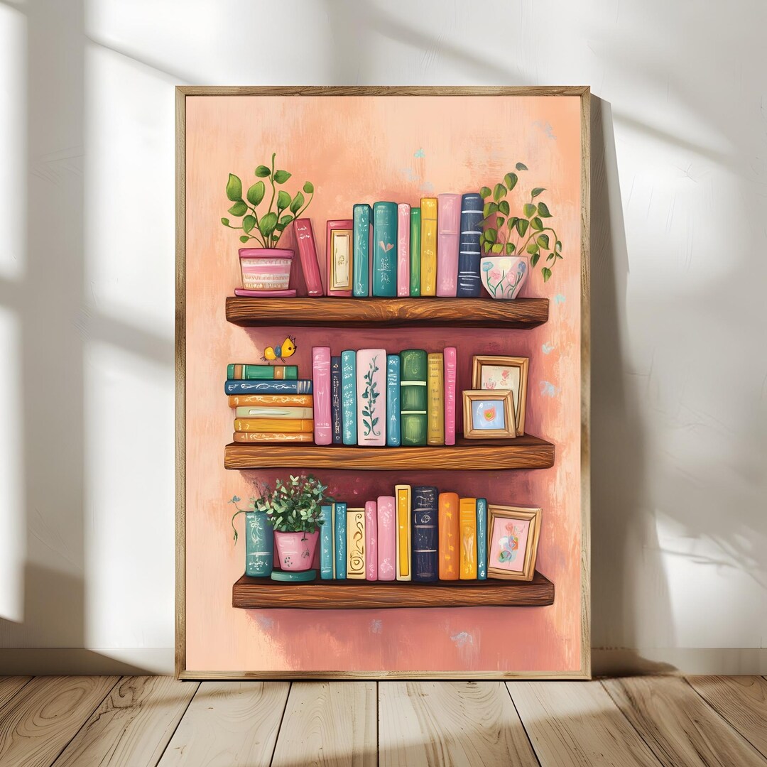 Pastel Bookshelf Digital Print, Book Stack Wall Art, Feminine Cozy ...