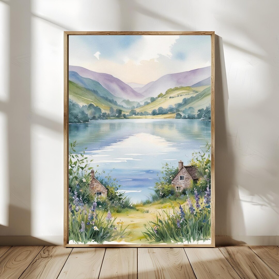 English Countryside Lake House Watercolor Print: Cottagecore Calming ...