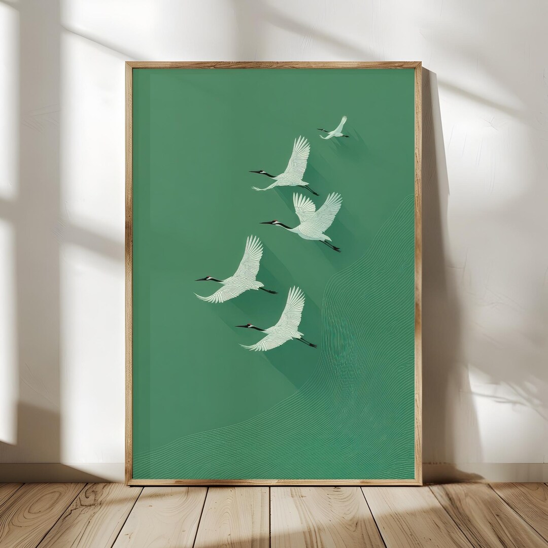 Japandi Crane Wall Art, Sage Green Wabi Sabi Zen Bird Printable ...