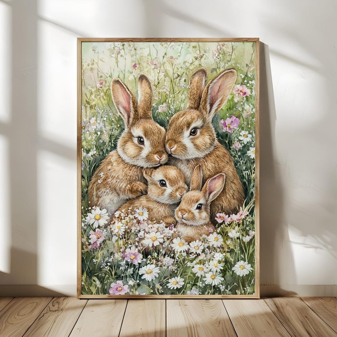 Cute Bunny Family,farmhouse Rabbit Art,antique Bunny Oil Painting,mom ...