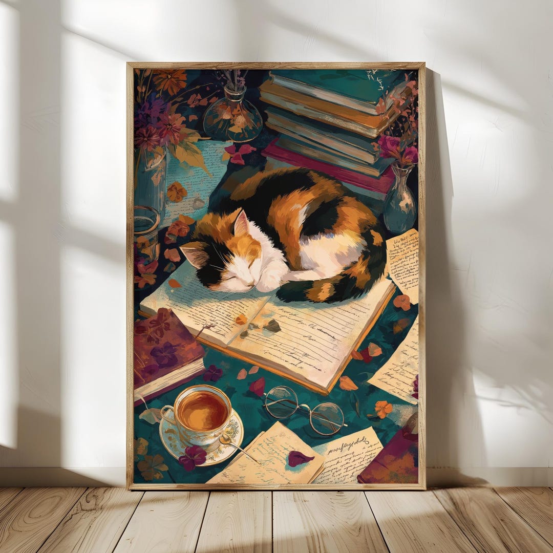 Calico Cat Book Print: Fall Bookish Wall Art, Cottagecore Reading Nook ...