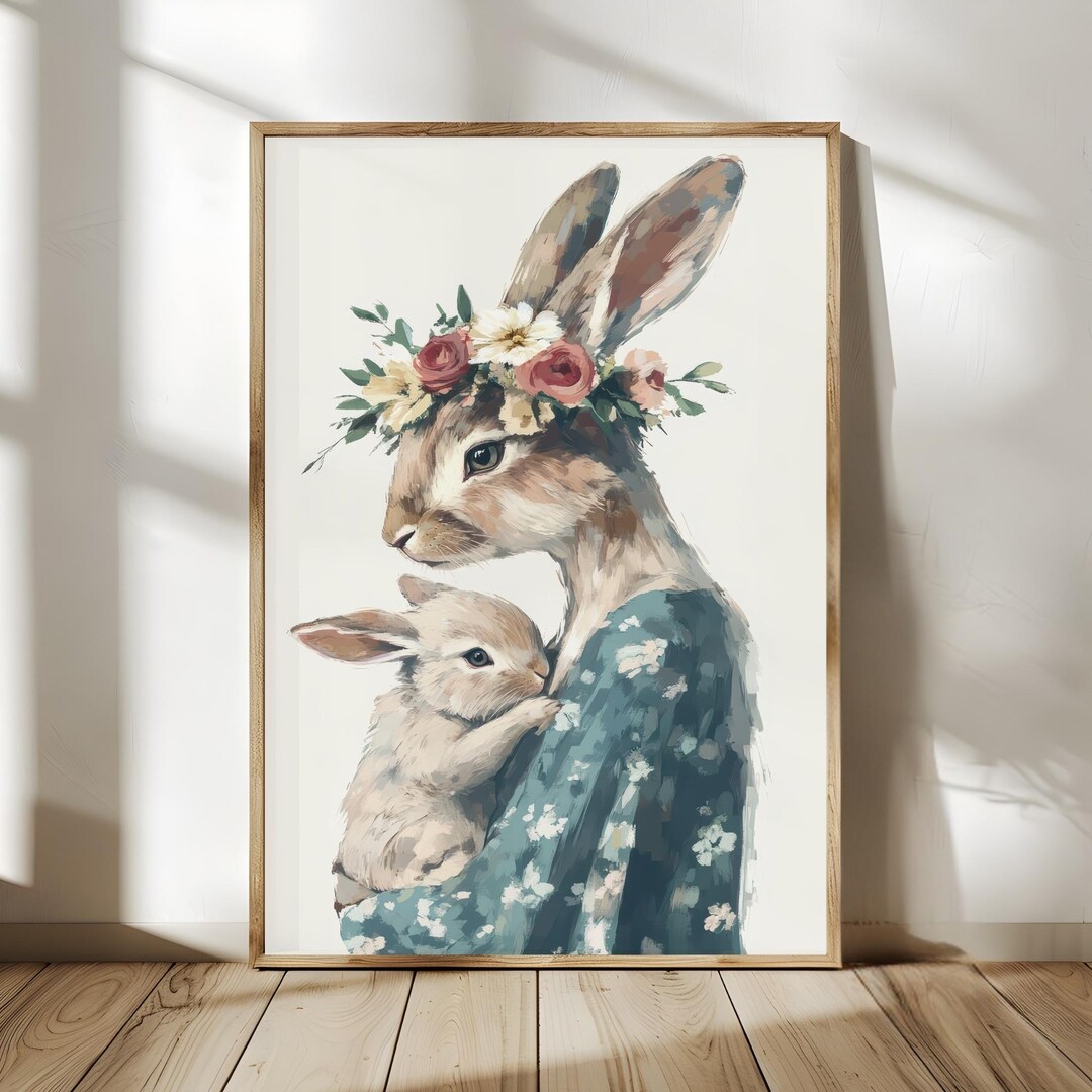 Vintage Bunny Nursery Art, Cottagecore Floral Rabbit Print, Mother and ...