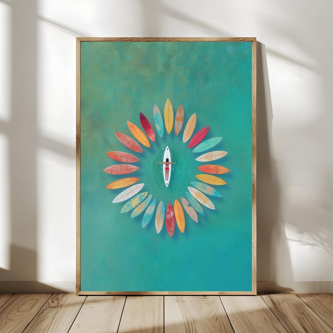 Coastal Surfboard Mandala Art Print, Aerial Ocean Swimmer, Modern ...