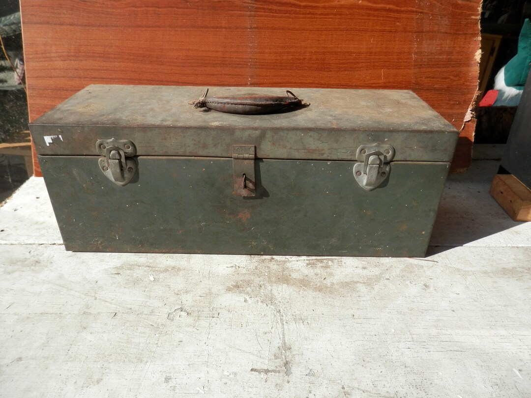 Antique Metal Tool Box With Lift Out Tray, Green Paint, Leather Handle ...