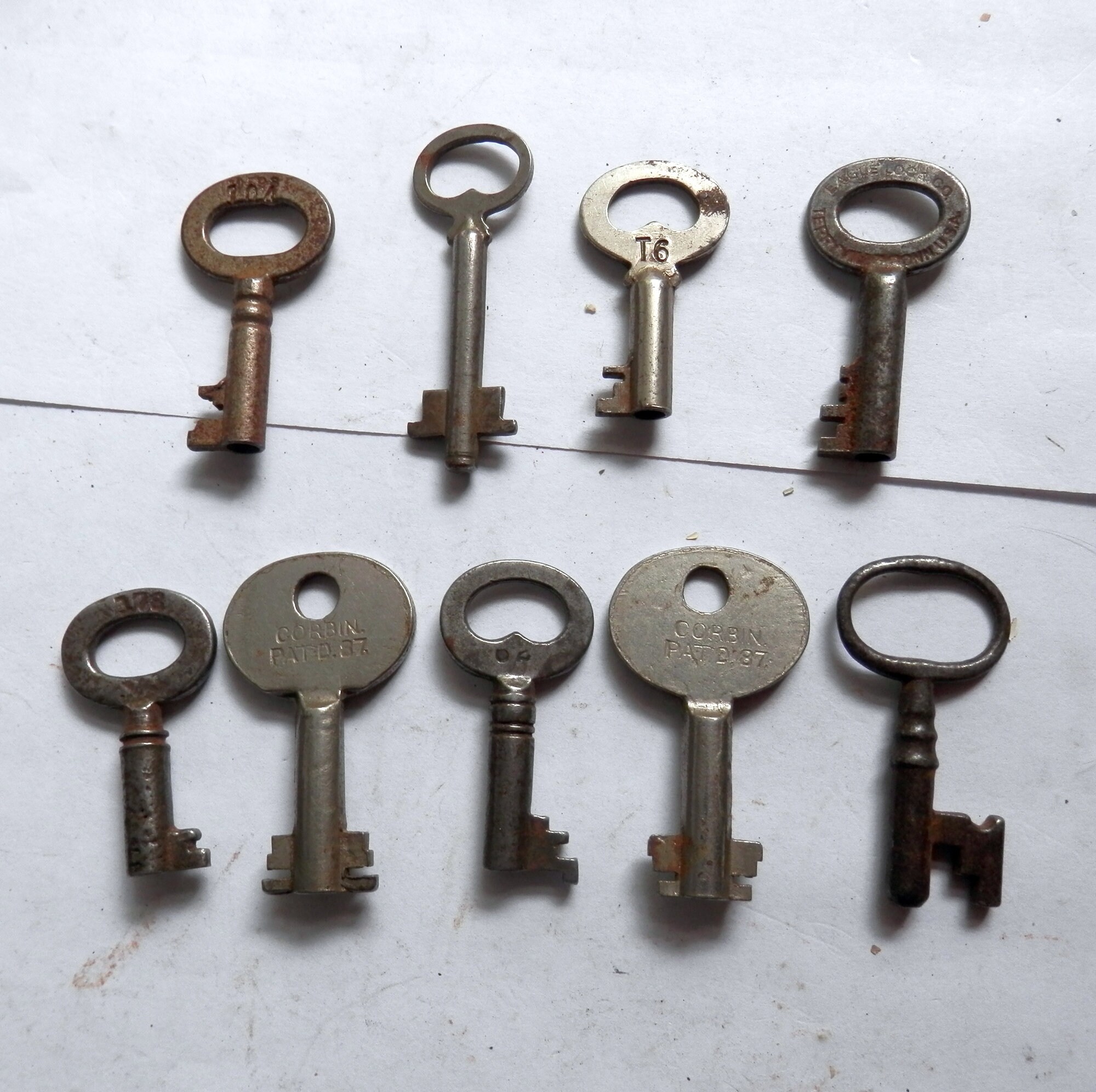 Group of Nine 9 Antique Keys, Barrel, Skeleton, Padlock, Double Paddle ...