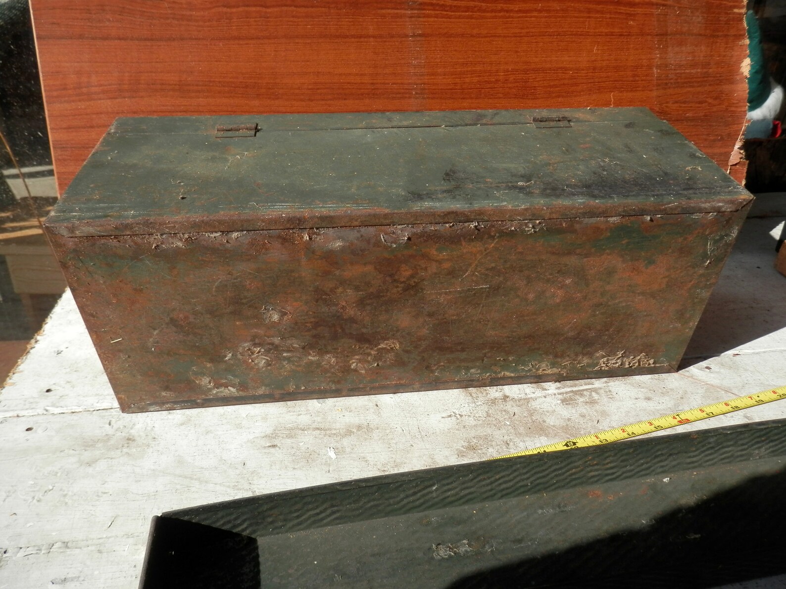 Antique Metal Tool Box With Lift Out Tray Geen Paint Leather - Etsy