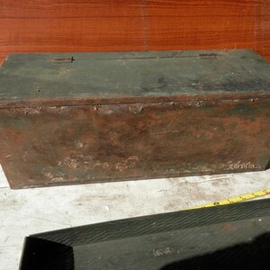 Antique Metal Tool Box With Lift Out Tray, Green Paint, Leather Handle ...