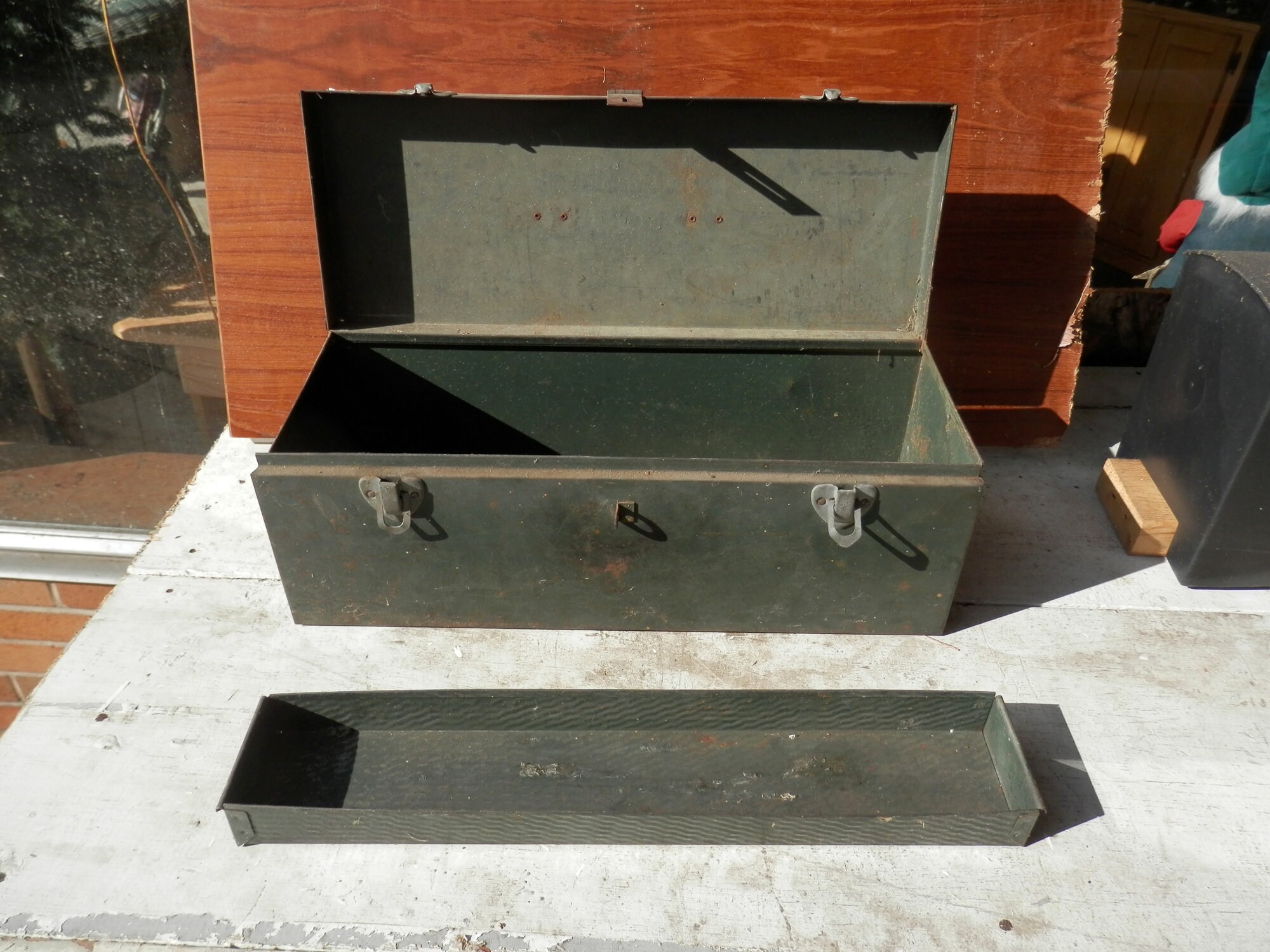 Antique Metal Tool Box With Lift Out Tray Geen Paint Leather - Etsy
