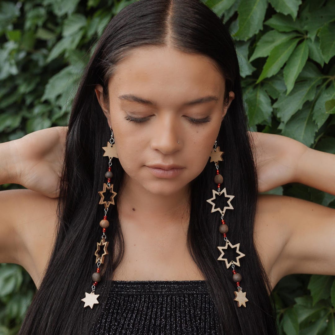Cherokee Seven Star Earrings – Long Laser Cut Birch Wood With Clay Bead ...