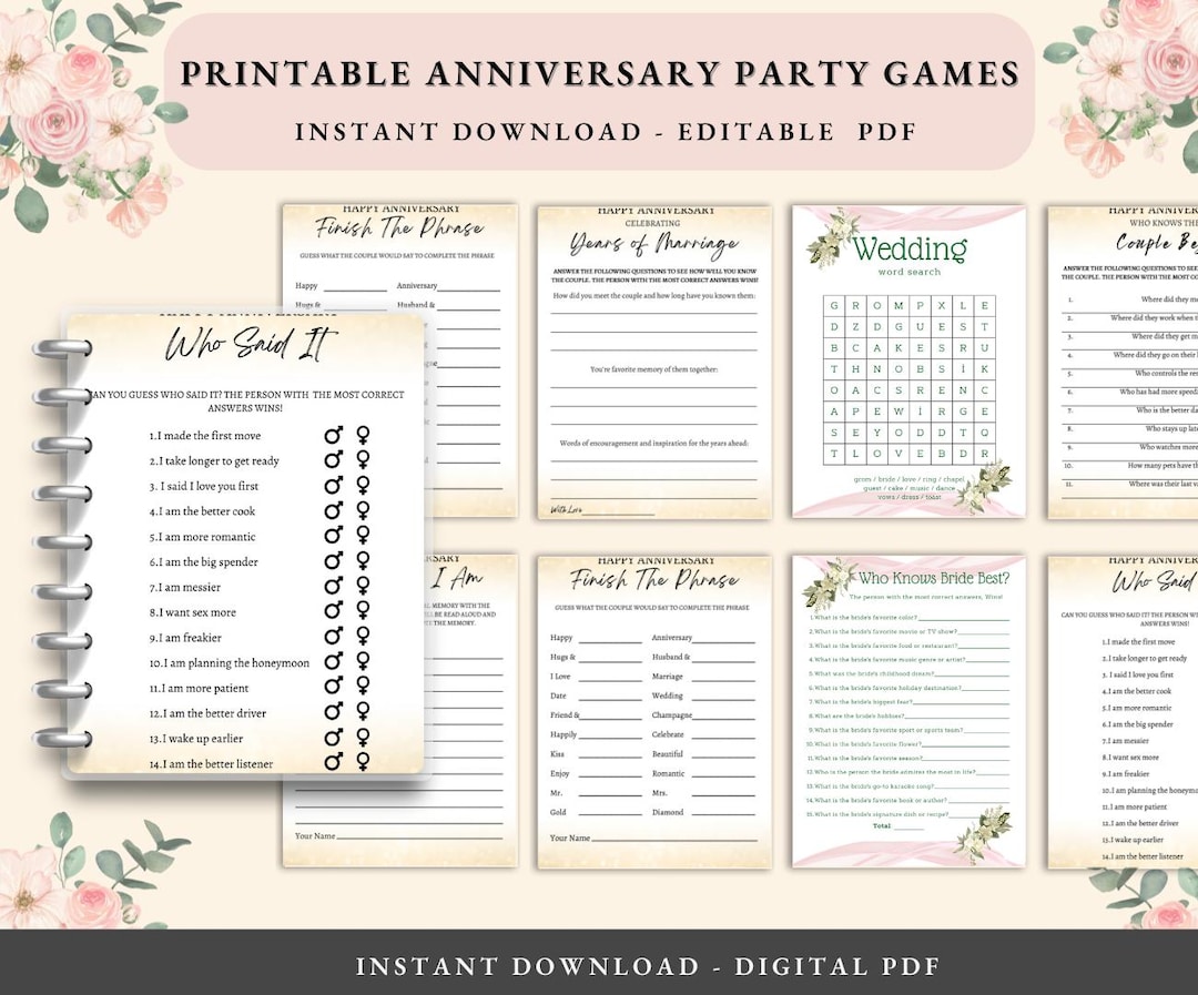 Printable Anniversary Party Games, Fun Couple Games, Romantic ...