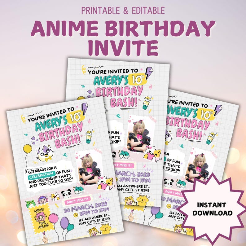 Cute Anime Birthday Invitation | Birthday Invite | Birthday | Anime ...