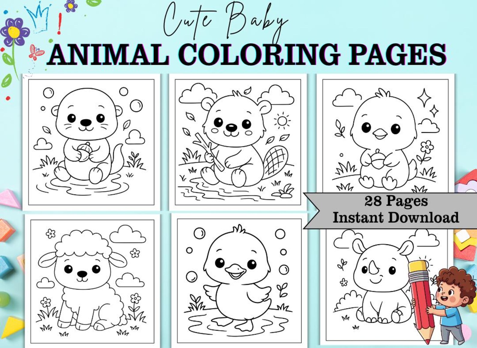 Kawaii Baby Animal Coloring Book, Easy Bold Pages (digital Download ...