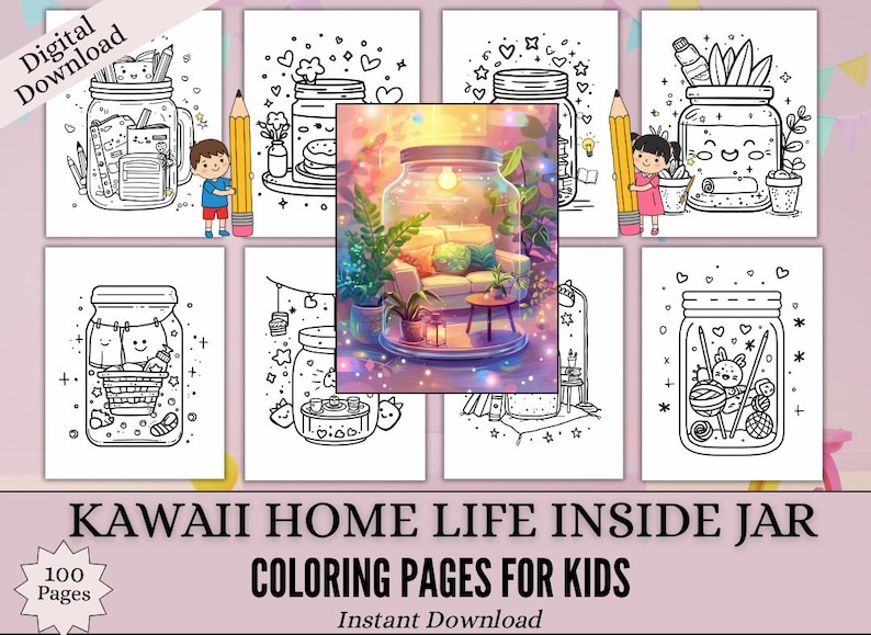 Kawaii Jar Coloring Pages for Kids – Home Scenes (digital Download) - Etsy