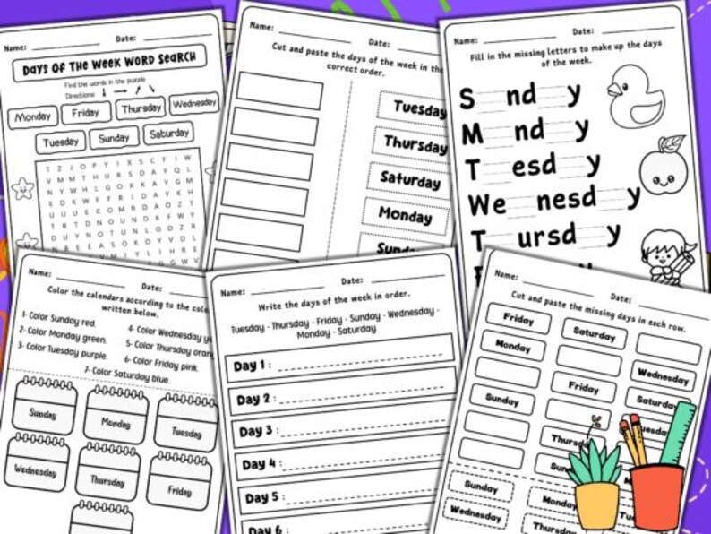 Days of the Week Worksheets for Kids, Preschool Kindergarten Learning ...