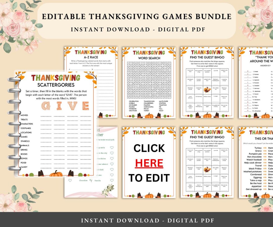 Editable Thanksgiving Games Bundle, Family Holiday Activities (digital ...