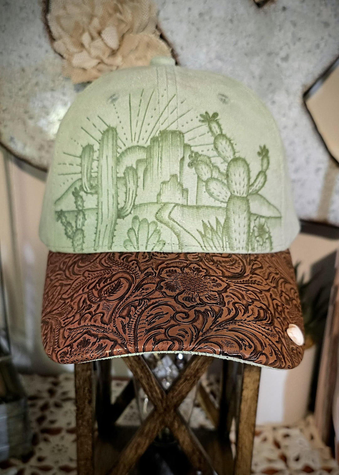 Hand Burned Suede Ball Cap With Tooled Faux Leather Brim - Etsy