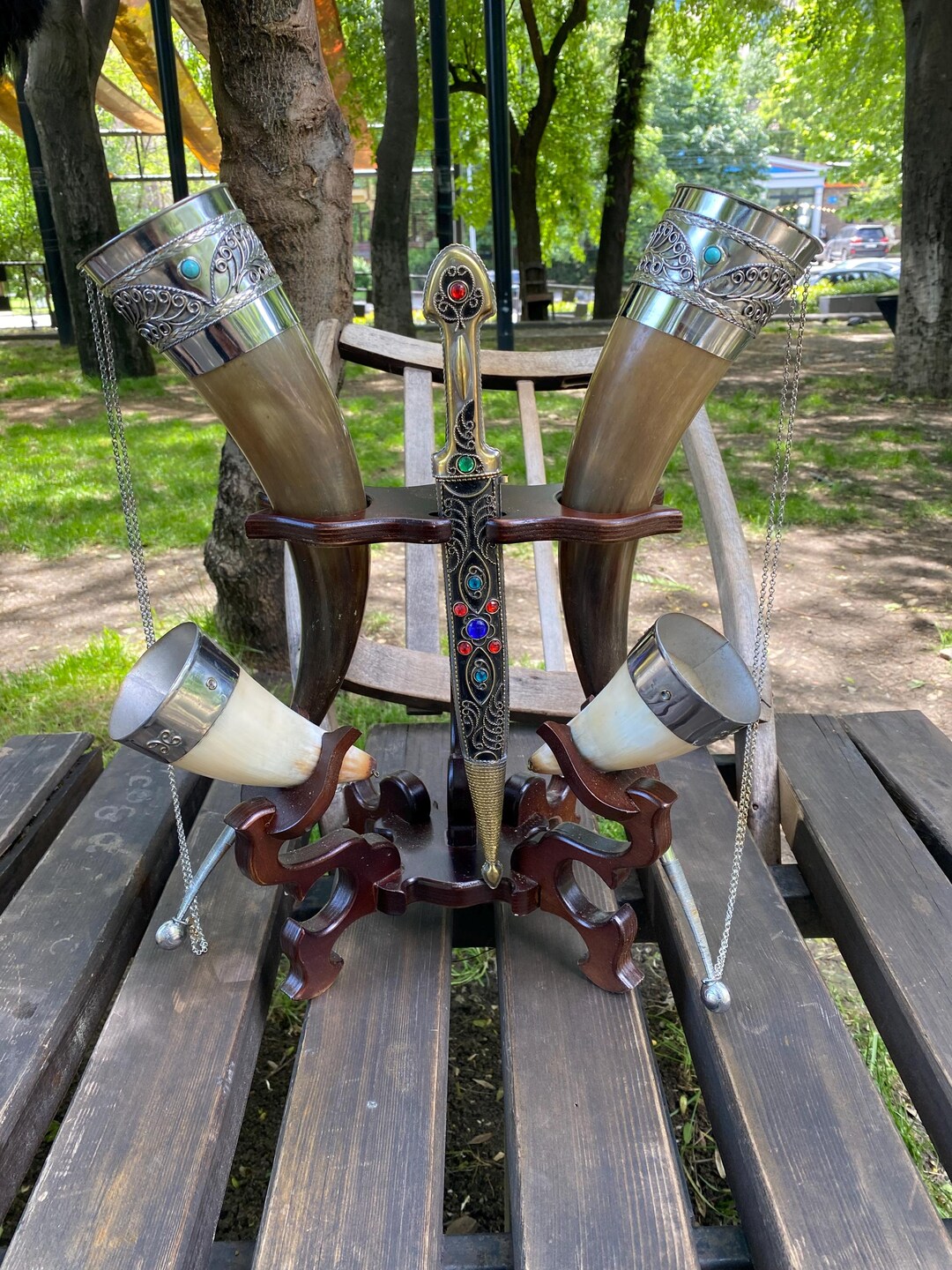 Drinking Horns With Stand and Dagger for Wedding, Viking Drinking Horn ...