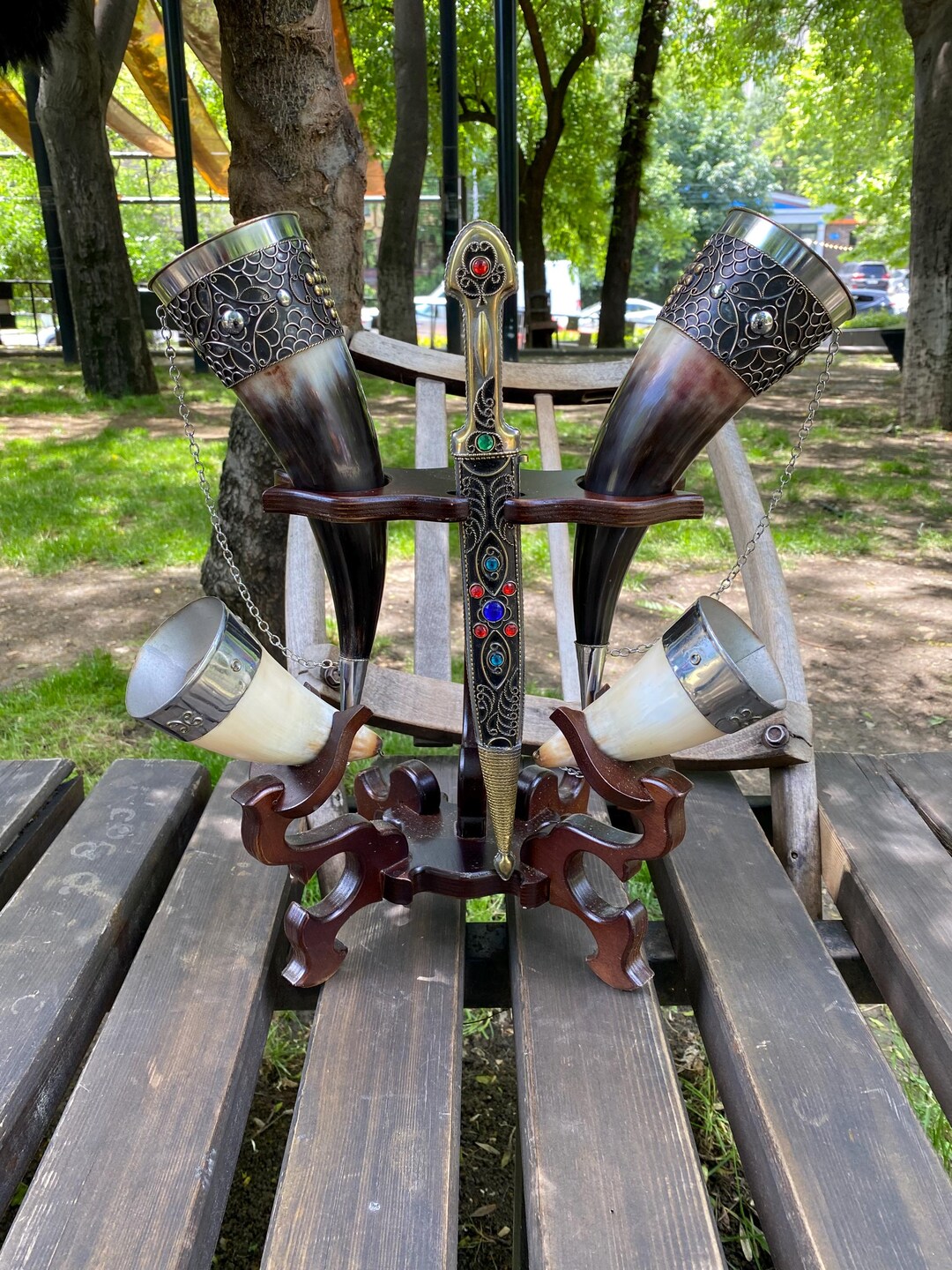 Drinking Horns With Stand and Dagger for Wedding, Viking Drinking Horn ...