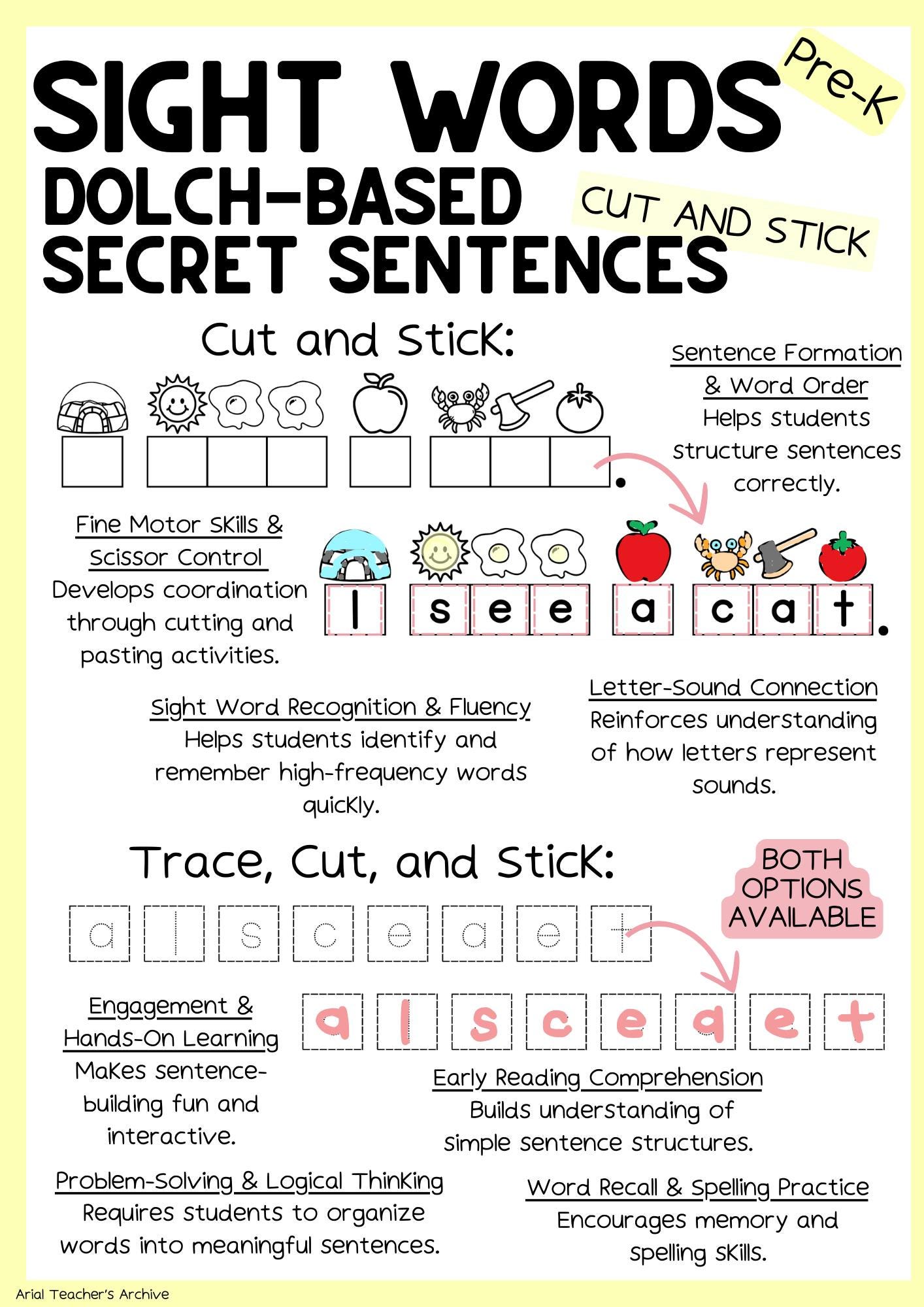 Dolch-based Sight Words "secret Sentences - Cut & Stick": Pre-k Word ...