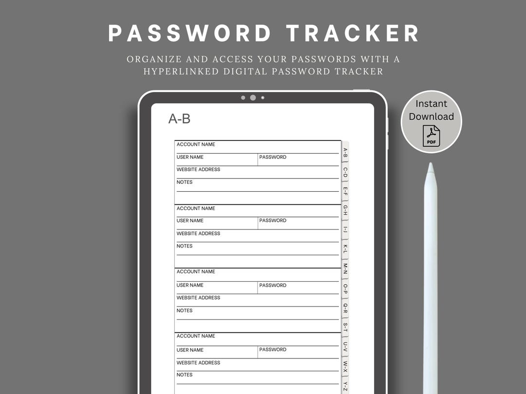 Digital Password Tracker Template for Remarkable, Goodnotes, & Pdf ...