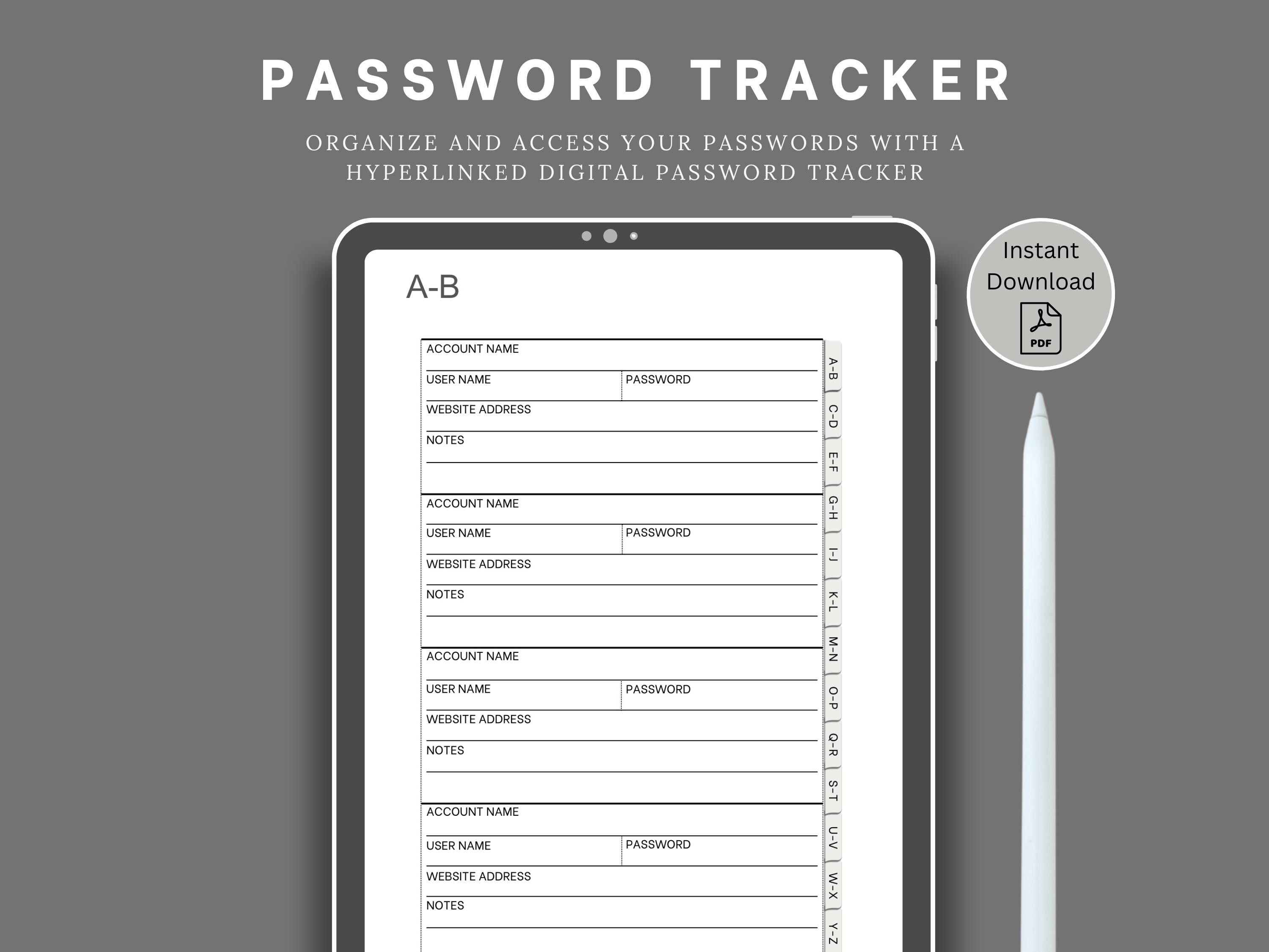 Digital Password Tracker Template for Remarkable, Goodnotes, & Pdf ...