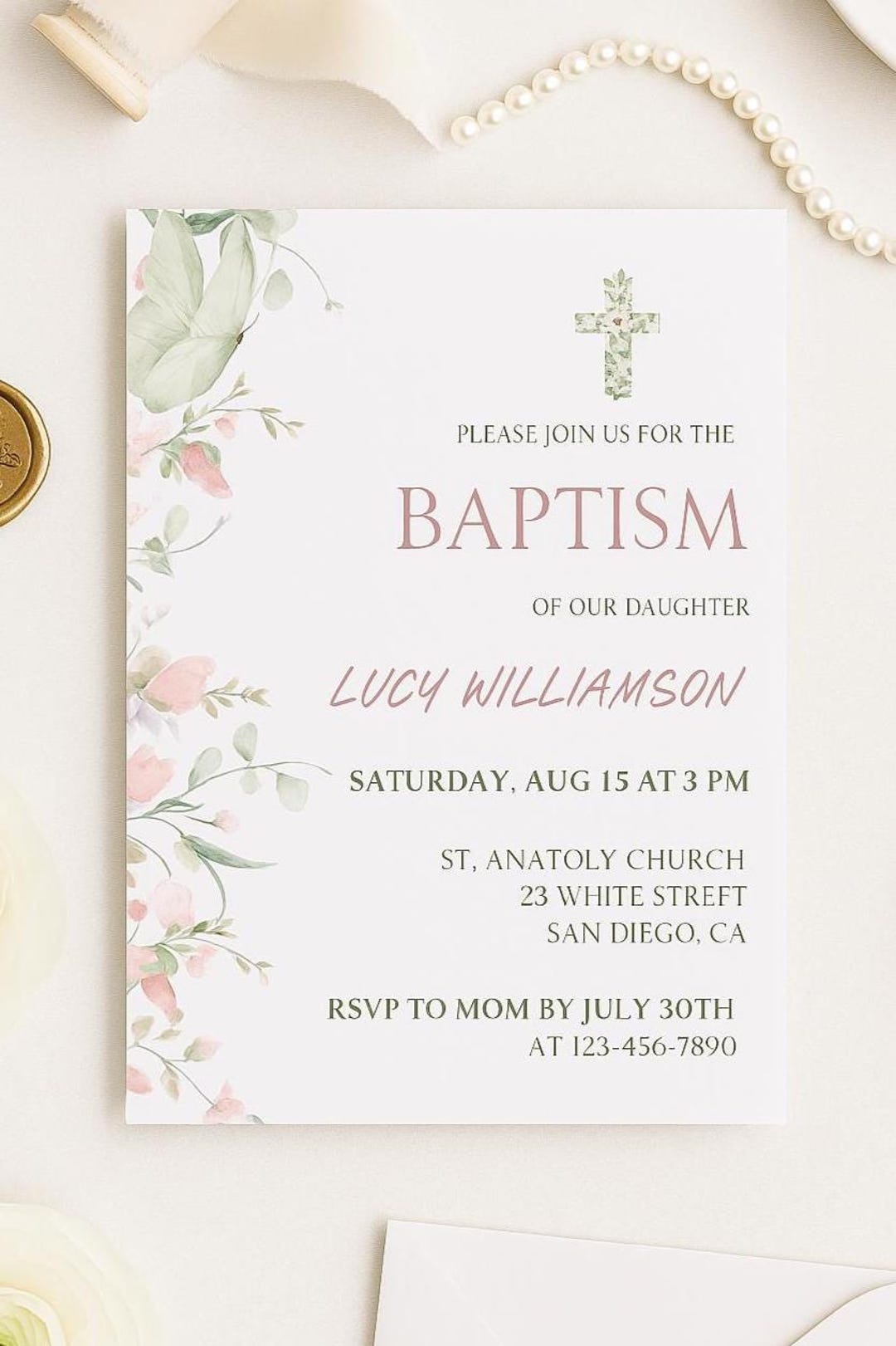 Floral Baptism Invitation Template: Elegant Boho Canva Card (digital ...