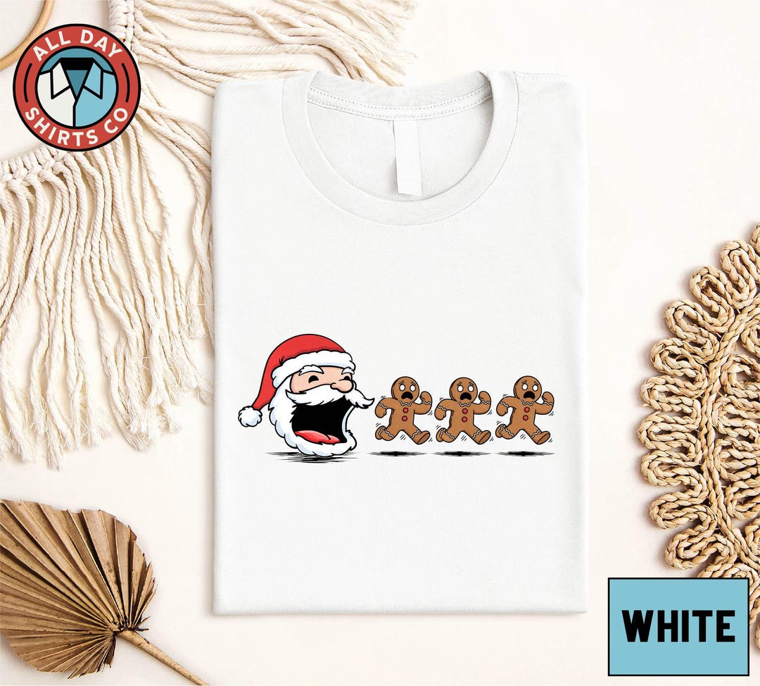 Funny Santa Gingerbread T-shirt, Cute Christmas Cookie Chase Tee, White ...