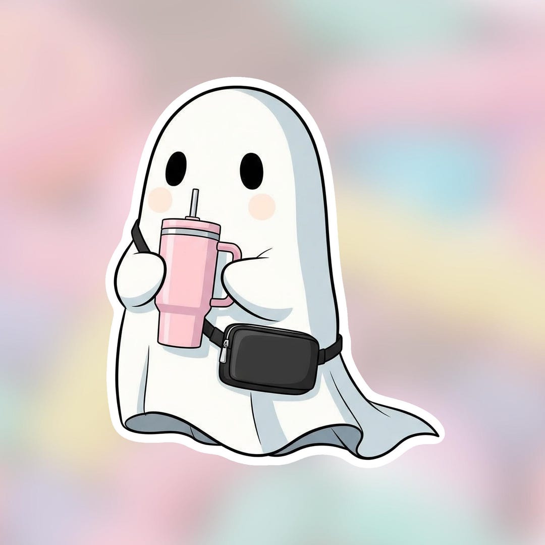 Ghost Girl Sticker, Cute Ghost With Iced Coffee & Belt Bag, Pastel ...