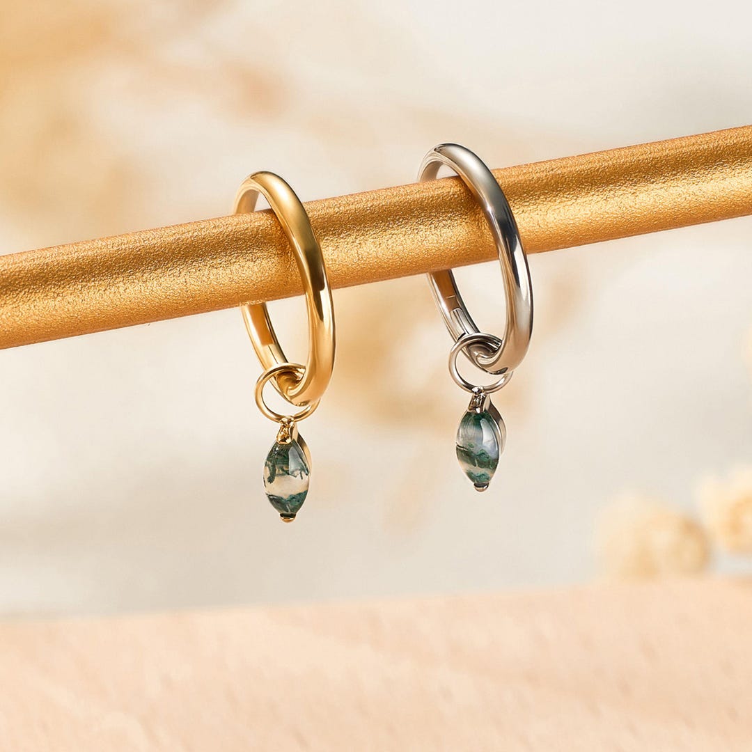 18G/16G Titanium Moss Agate Natural Stone Dangle Huggie Hoop • Rook ...