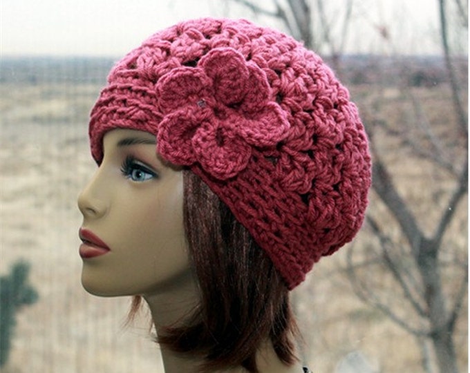 Womens Raspberry Beret Womens Hat Beanie Crochet Flower Hat Slouchy ...