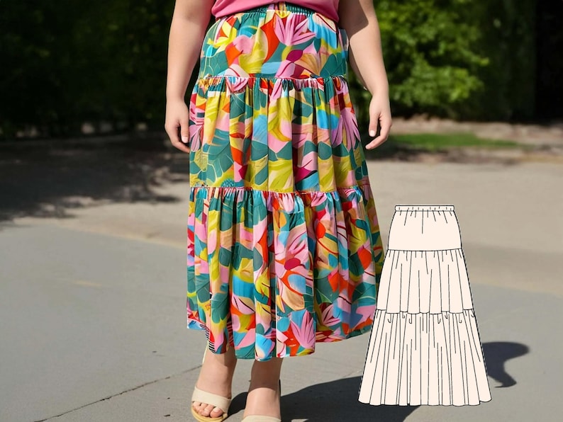 3-tier Skirt PDF Sewing Pattern | Maxi Length Tiered Skirt Pattern | Instant Download Elastic ...