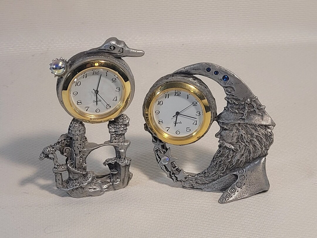 Pewter Clocks by Gallo Signed Small Desk Clock Mythical Village Fantasy ...