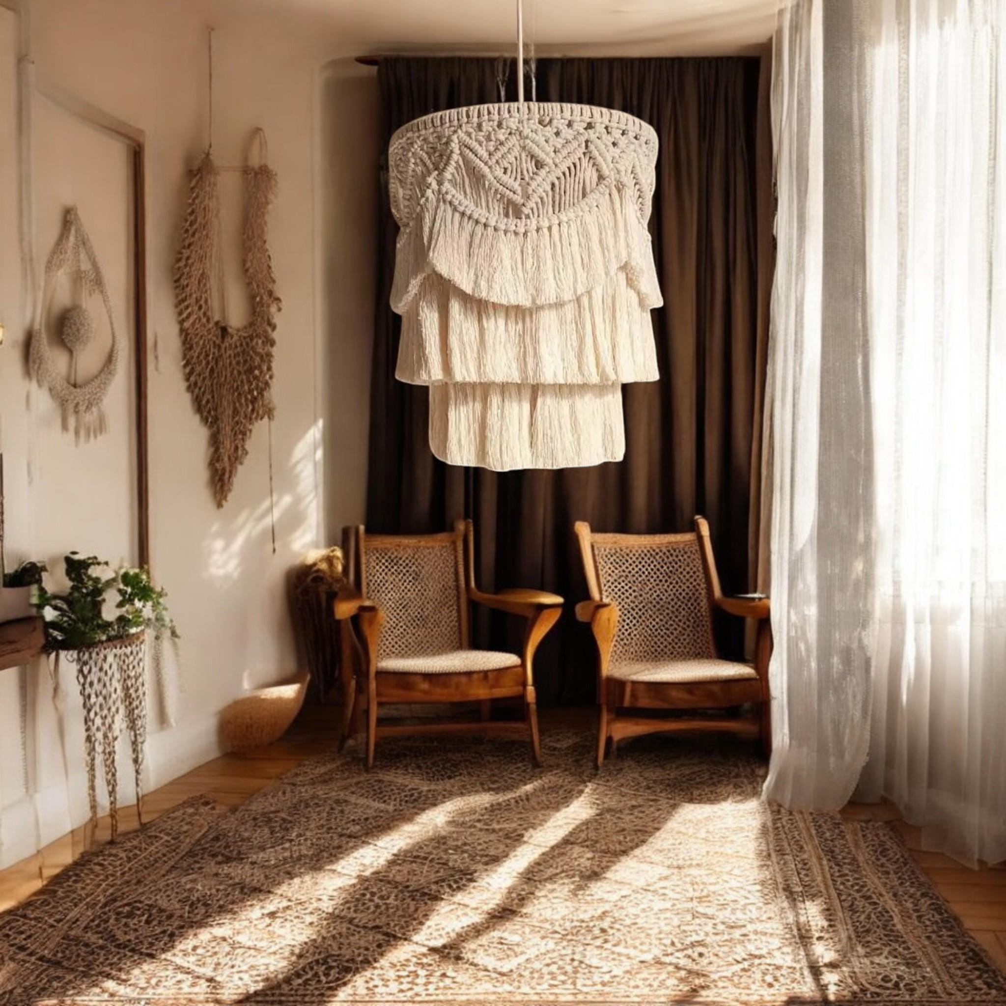 Macrame Lamp Shade – Boho Fringe Chandelier Lighting, Hanging Ceiling ...
