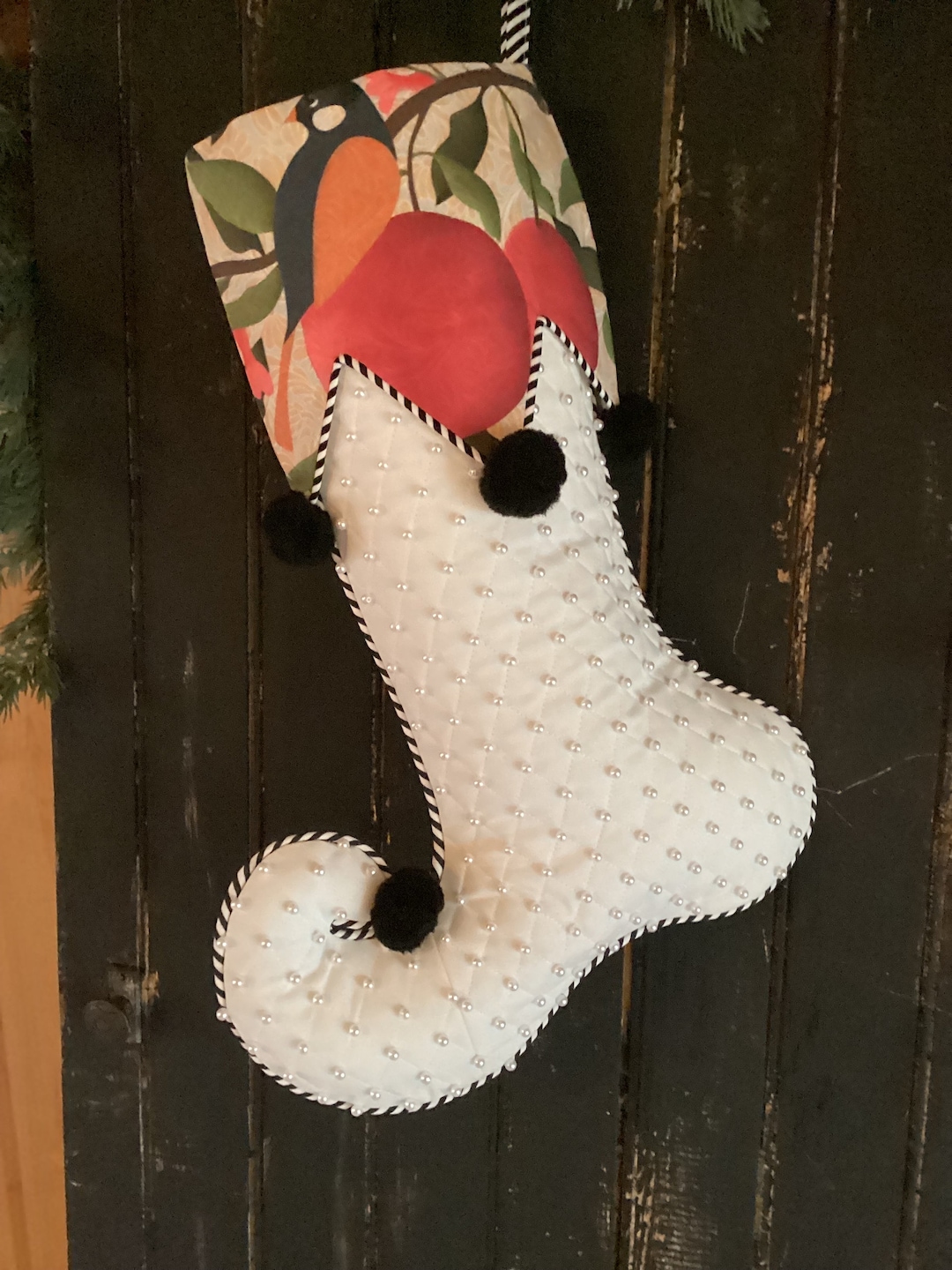 One (1) White Hand Beaded Jester Christmas Stocking With Colorful Fruit ...