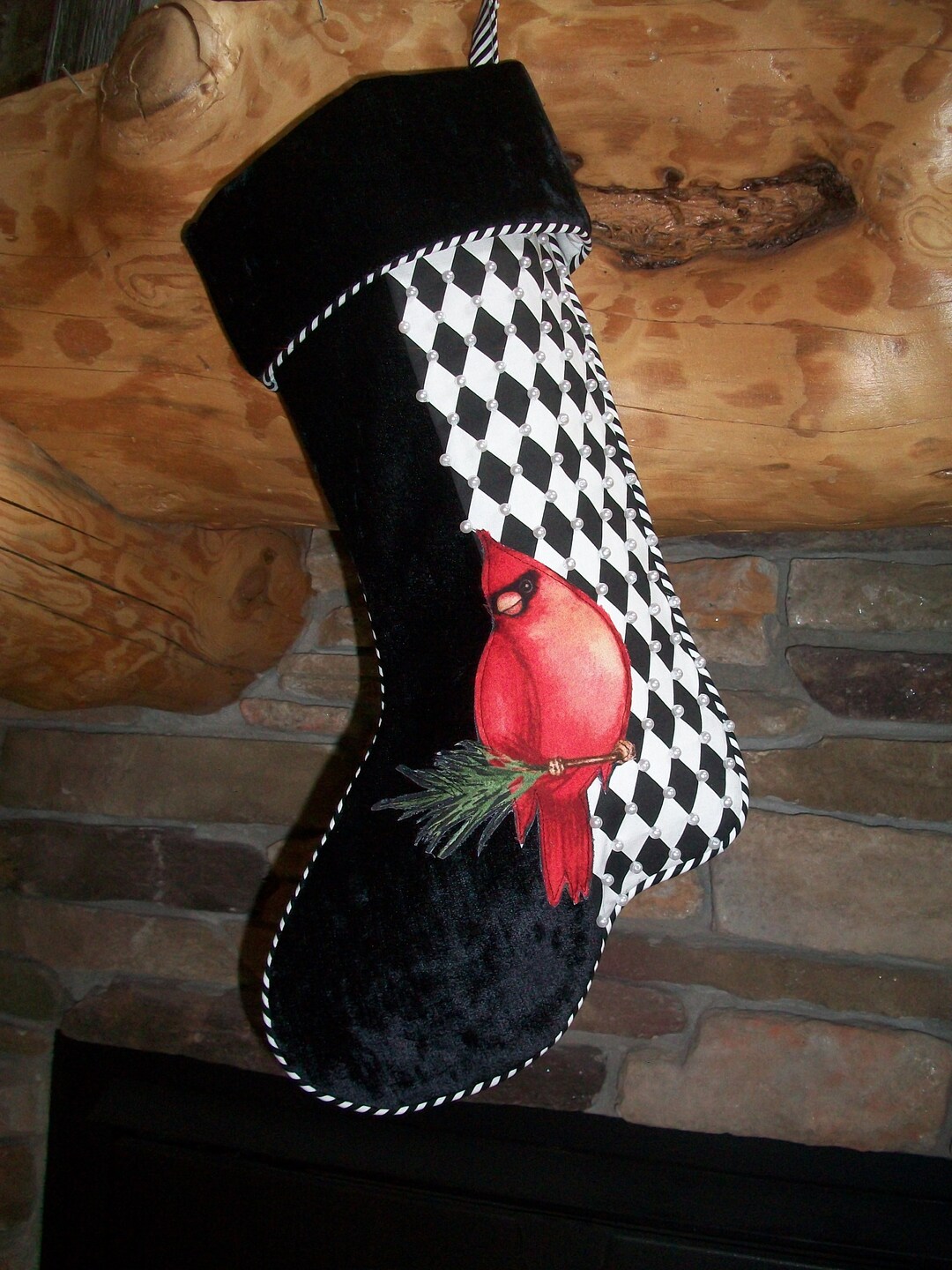 One (1) Luxurious Red Cardinal on Black Velvet Christmas Stocking 2024 ...
