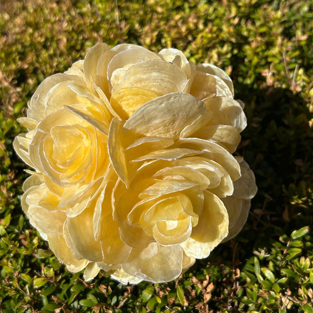Yellow Forever Flower Jingle Shell Sphere With 14 Coral and Lemon Roses ...