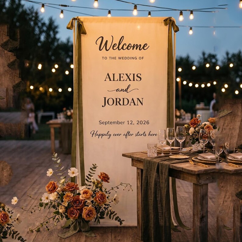 Personalized Linen Wedding Welcome Sign, Fabric Wedding Banner, Elegant ...