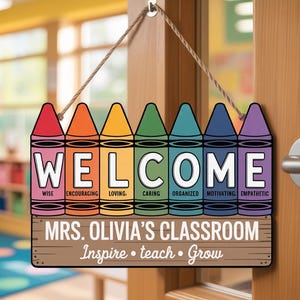 Personalized Crayon Teacher Sign, Teacher Door Hanger, Teacher Door ...